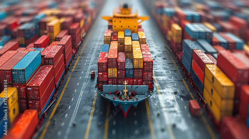 Aerial top view of cargo maritime ship with contrail in the ocean ship ...