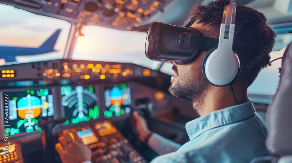 Aviation school vr pilot exam in flight simulator cabin, controlling ...