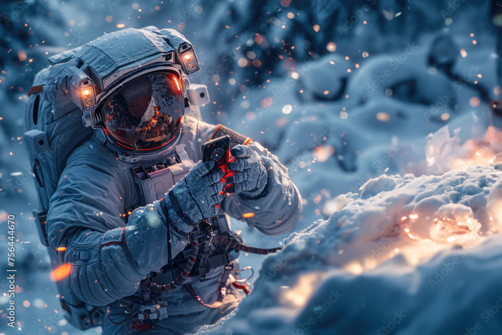 An astronaut experiencing snow in a space-like environment, merging the ...