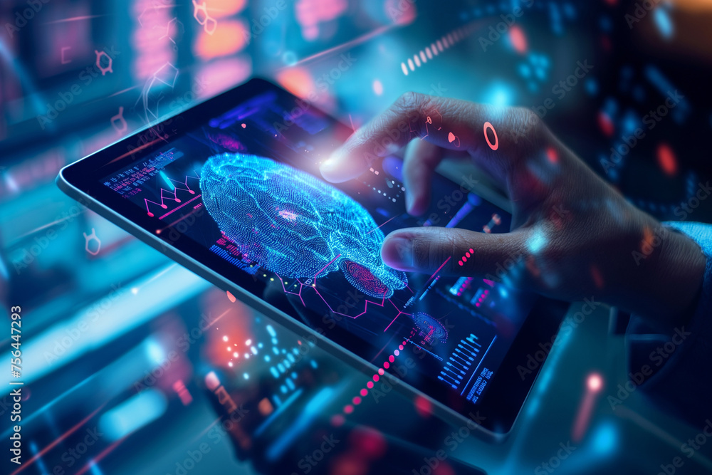 AI data science digital technology concept. Computer programmer using digital tablet with AI ...