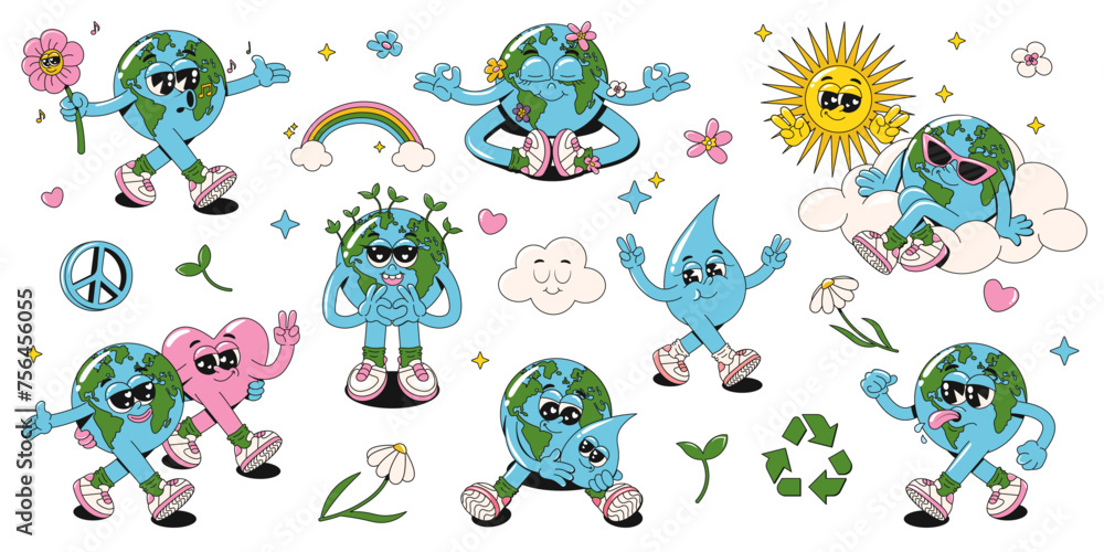 Set of retro groovy Earth planet, sun, water drop and heart characters ...