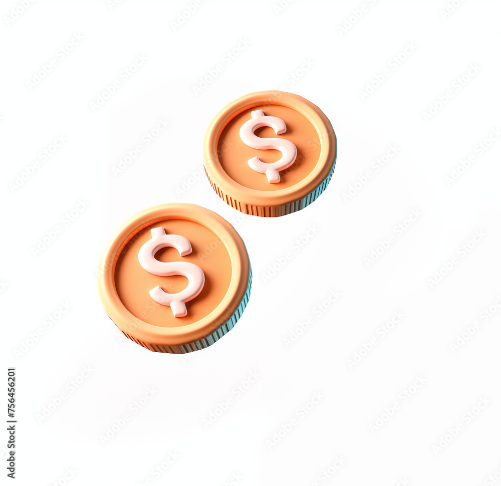 Two coins with dollar signs on them floating in the air, clay material ...