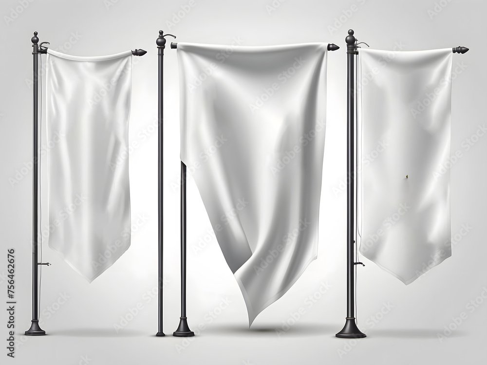 White pennant flags mockup design, blank vertical banners on a flagpole ...