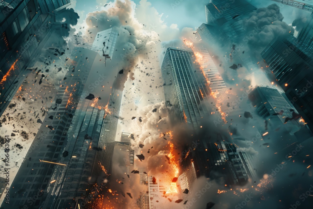 Collapsing Skyscrapers, Apocalyptic Scene, Fire Explosions in Modern ...