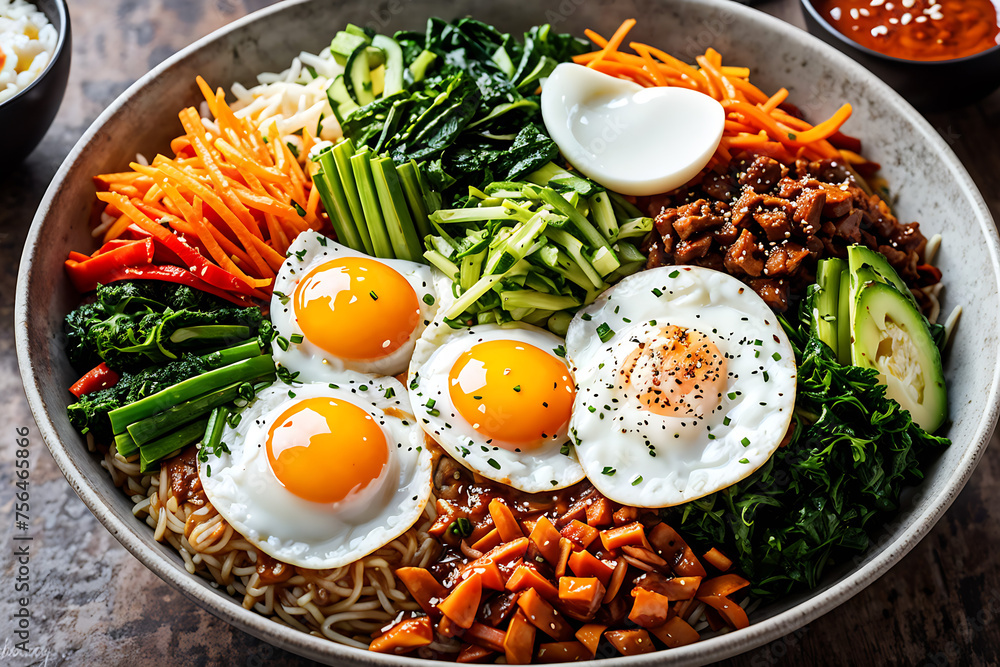"Korean bibimbap with various vegetables on top of rice, topped with a ...