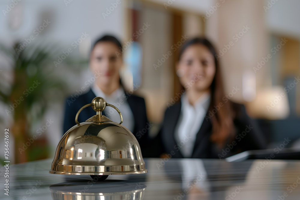 Close up of a hotel service bell on a reception desk with two young ...