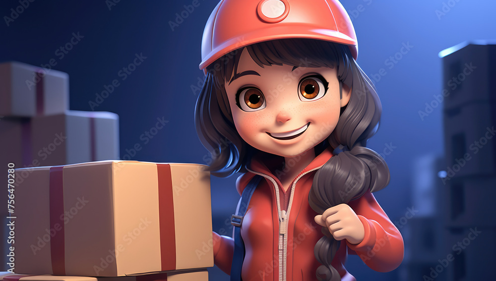 A young, animated delivery girl with a ponytail, wearing an orange cap ...