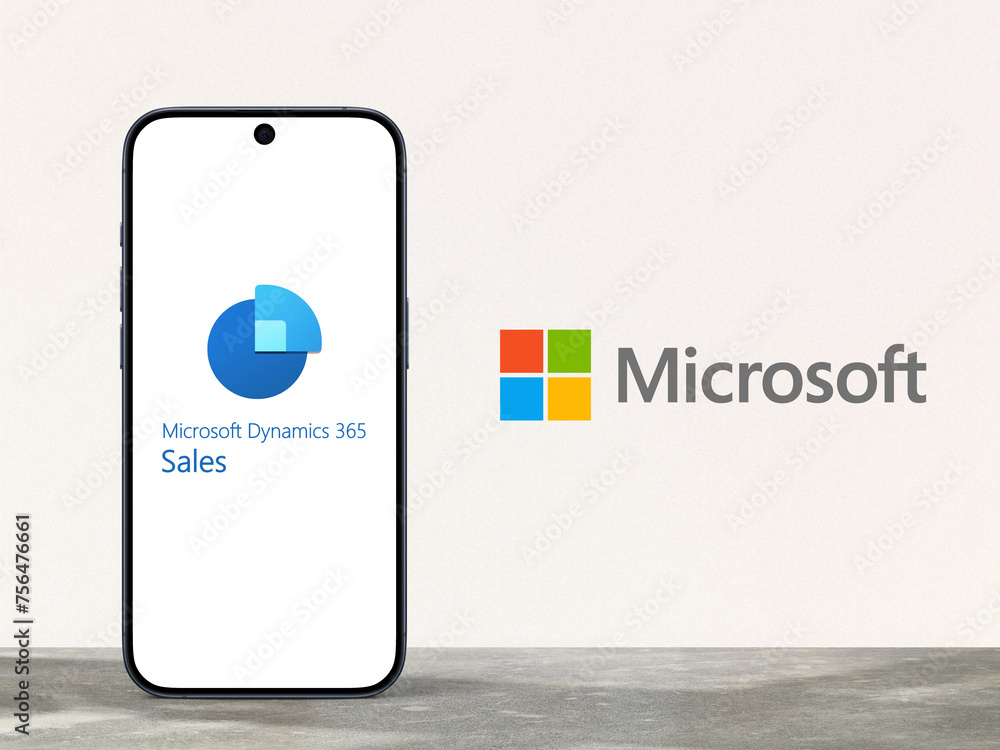 Microsoft Dynamics 365 Sales Logo is displayed on a modern smartphone ...