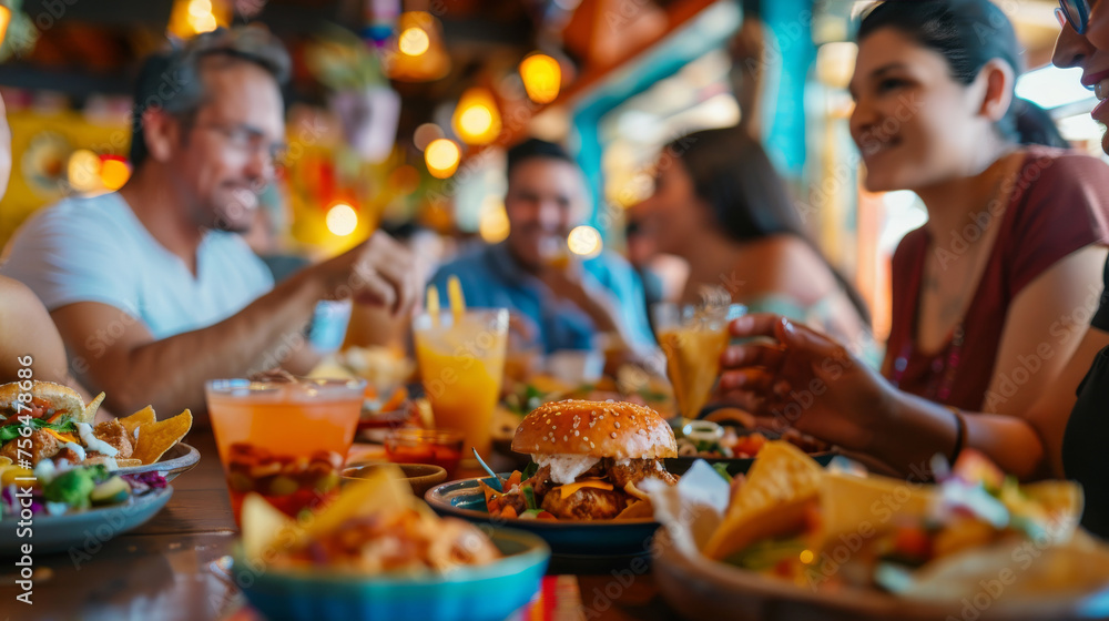 Friends enjoying a casual dining experience with burgers and drinks ...