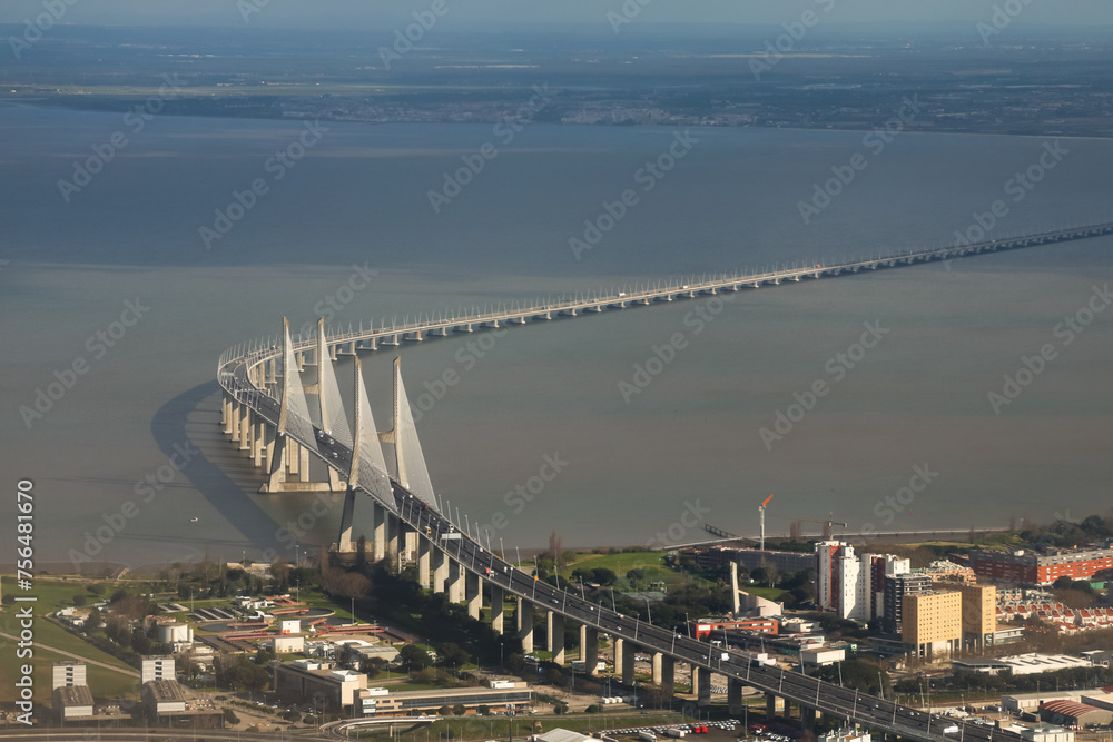 Vasco da Gama Bridge from above. Aerial photo with this long cable ...