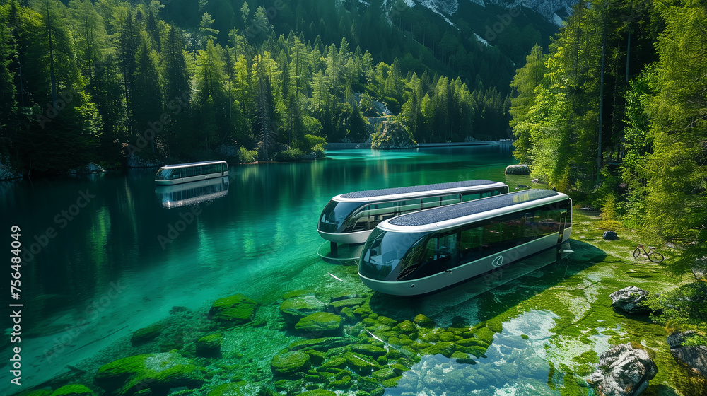 Eco-friendly autonomous shuttle buses glide over a clear lake ...
