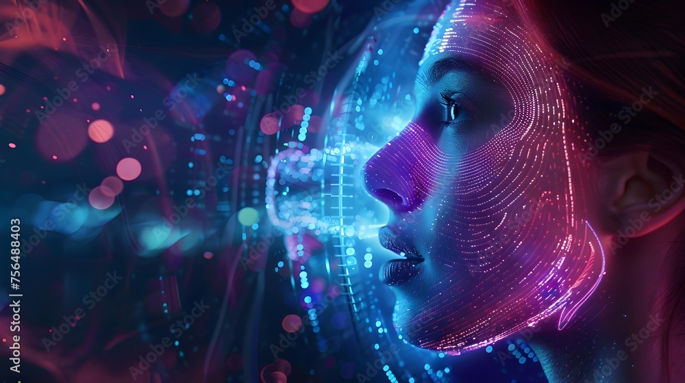 Abstract digital art of person's face with glowing particles ...