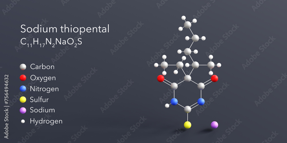 sodium thiopental molecule 3d rendering, flat molecular structure with chemical formula and ...