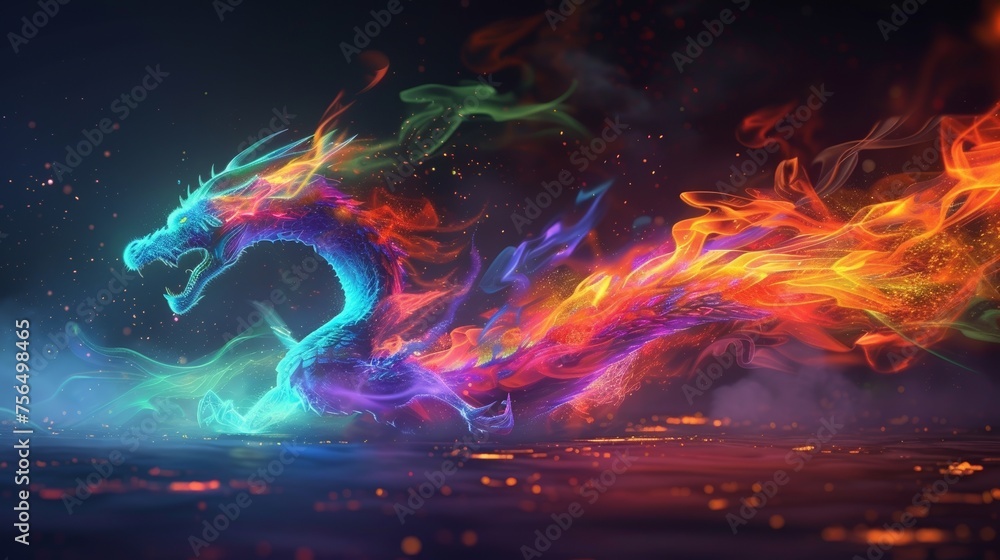 A mythical creature embodying the power of neon fire dragon leaving a ...