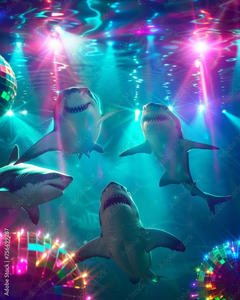 Disco-dancing sharks in an underwater night club, with neon lights and ...