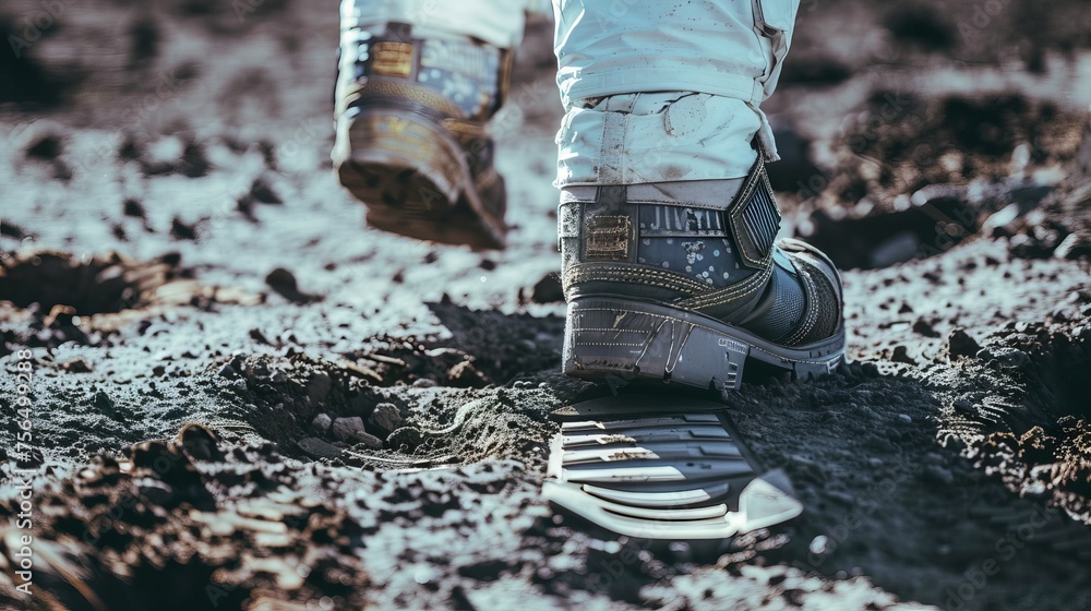 Detailed view of astronaut feet in heavy boots leaving footprints on ...
