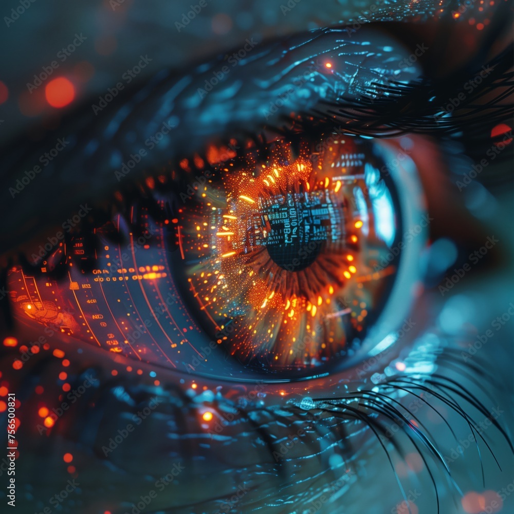 Futuristic vision concept with digital eye interface; close-up of an ...