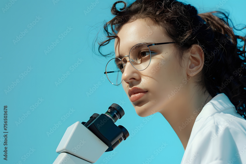 Female scientist with a microscope, discovery blue background ...