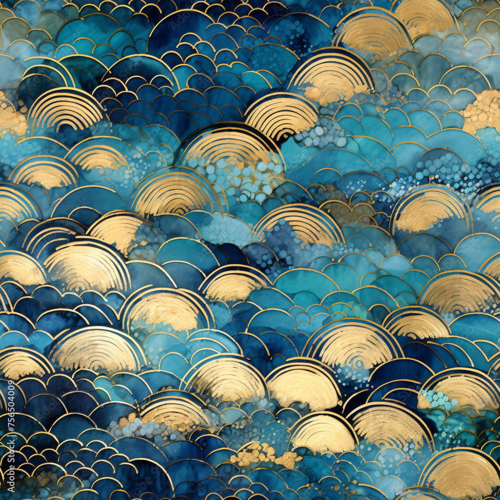 Seamless pattern of Seigaiha and alcohol ink texture. Watercolor blue ...