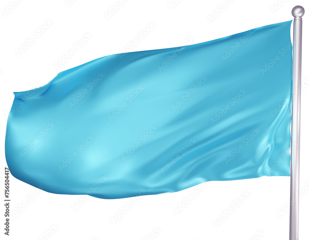 Blank blue flag on white background. A blue flag waving in the wind on ...