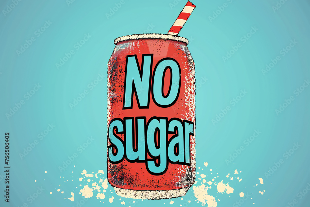 Soda can with no sugar label and red bubbles on blue background Stock ...