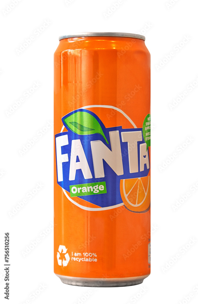 Aluminum can with sweet carbonated drink Fanta isolated on a white ...