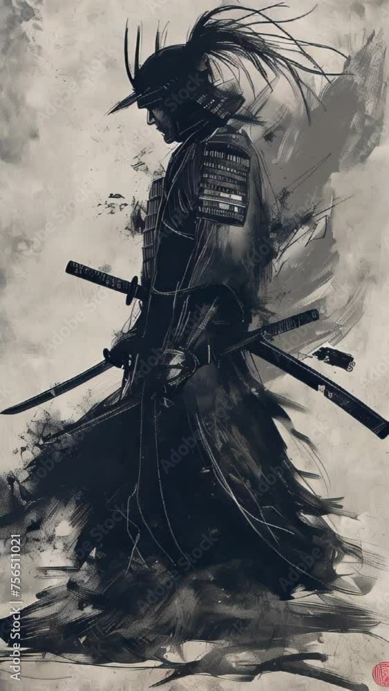 A brave figure of a samurai with multiple swords on his back and his ...