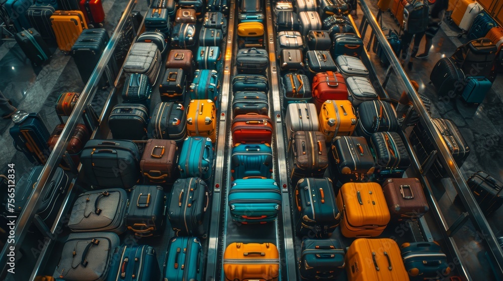 An aerial perspective of an organized array of various luggage pieces ...
