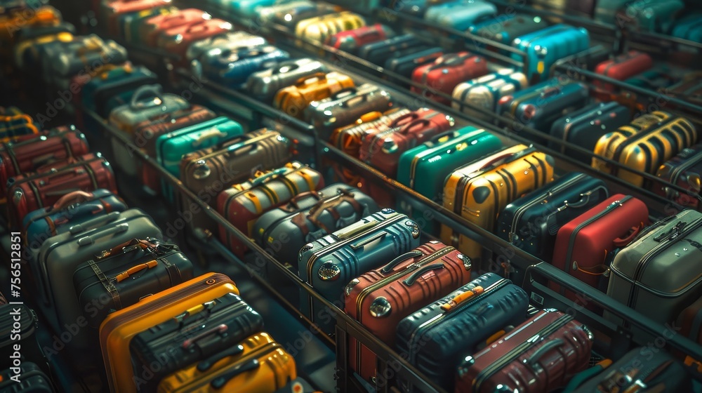 An aerial perspective of an organized array of various luggage pieces ...