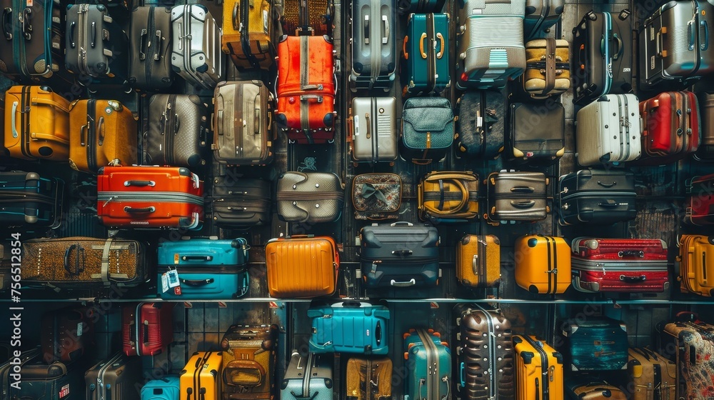 An aerial perspective of an organized array of various luggage pieces ...