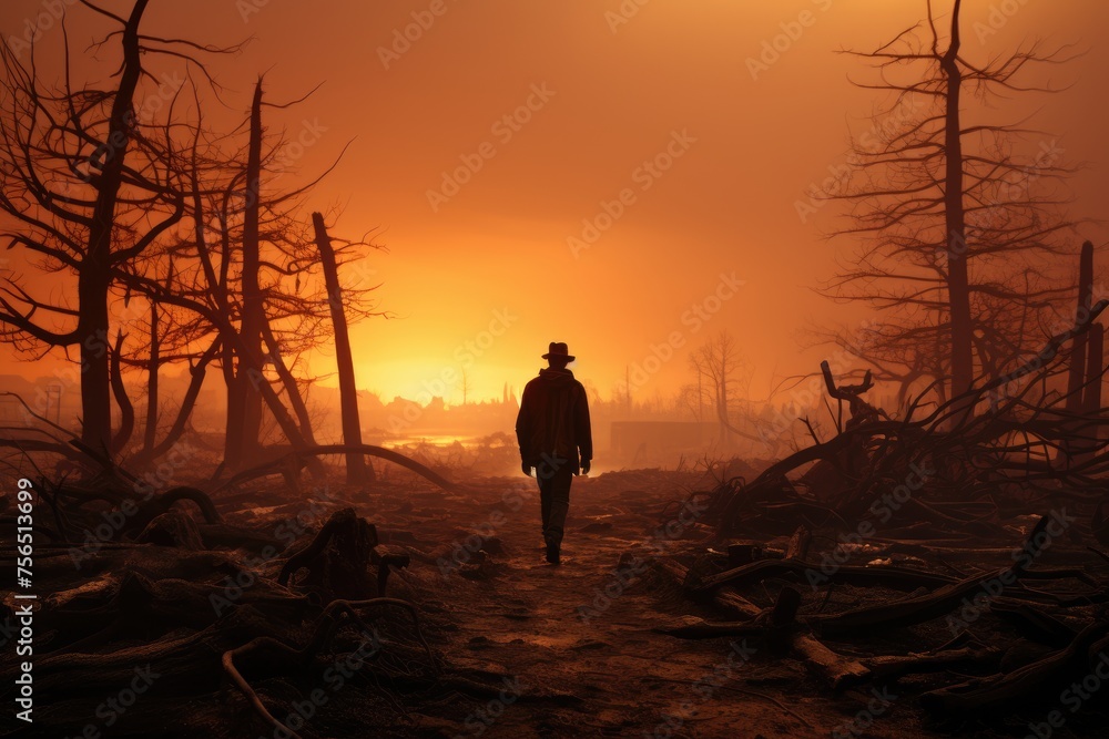 A stark image of a forest ravaged by a recent wildfire. Charred trees ...