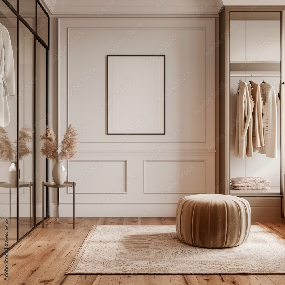 Elegant Walk-In Closet with Wall Poster Mockup. A chic walk-in closet ...