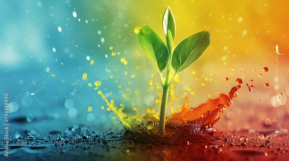 Unique interpretation of a sprouting plant bursting with color and ...