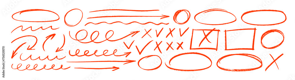 Collection various red charcoal arrows, ovals, frames and check marks ...