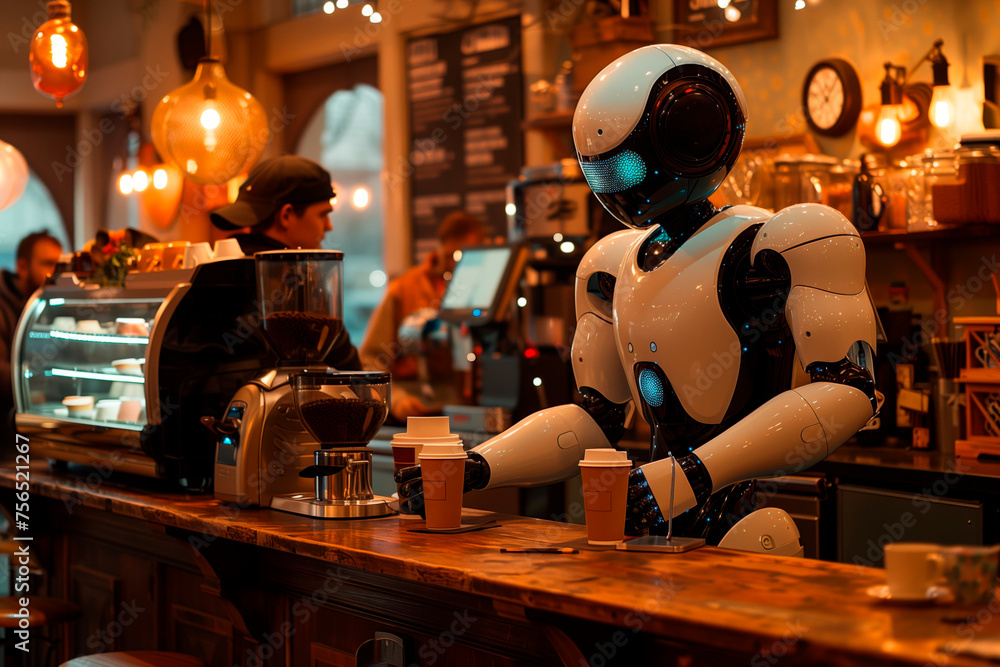 Robot with human-like features is pictured serving coffee at cafe bar ...