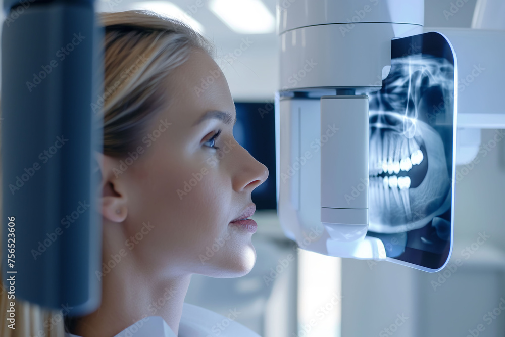 Person undergoing a dental x-ray in the dentist's office, their head carefully positioned as the ...