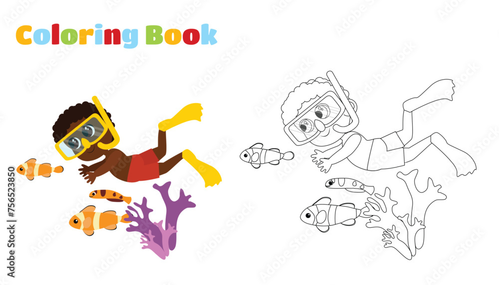 Coloring page. A cartoon boy with fish is swimming in shorts, fins and ...