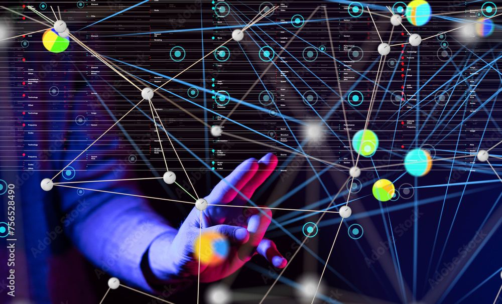 Global network. Blockchain. 3D illustration. Neural networks and ...
