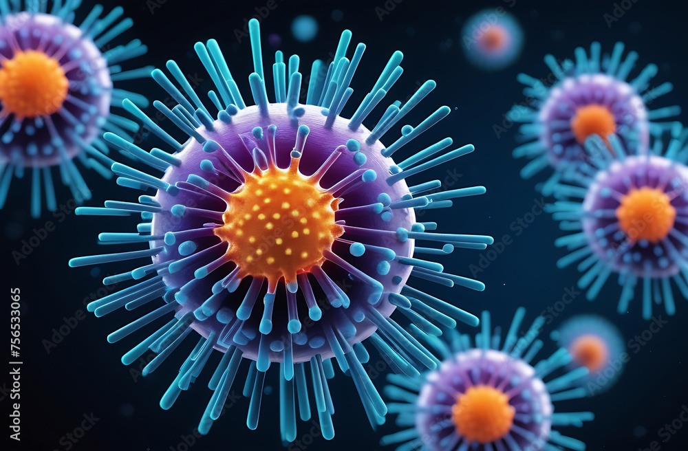 Schematic 3D image of virus molecules. The molecule is shown layer by ...