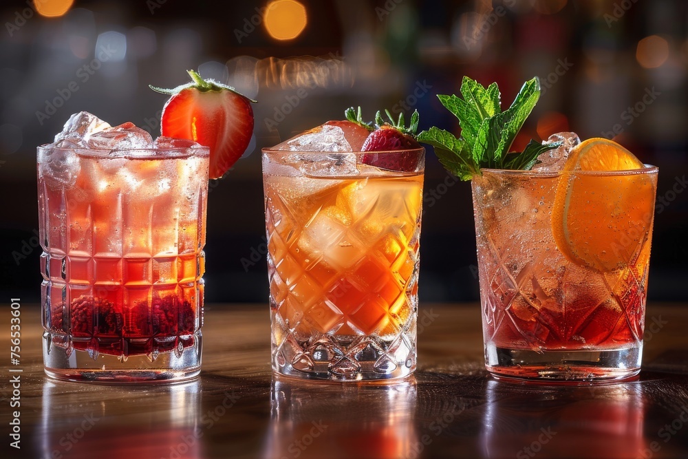 Three vibrant cocktails with contrasting colors and garnishes in a dark ...