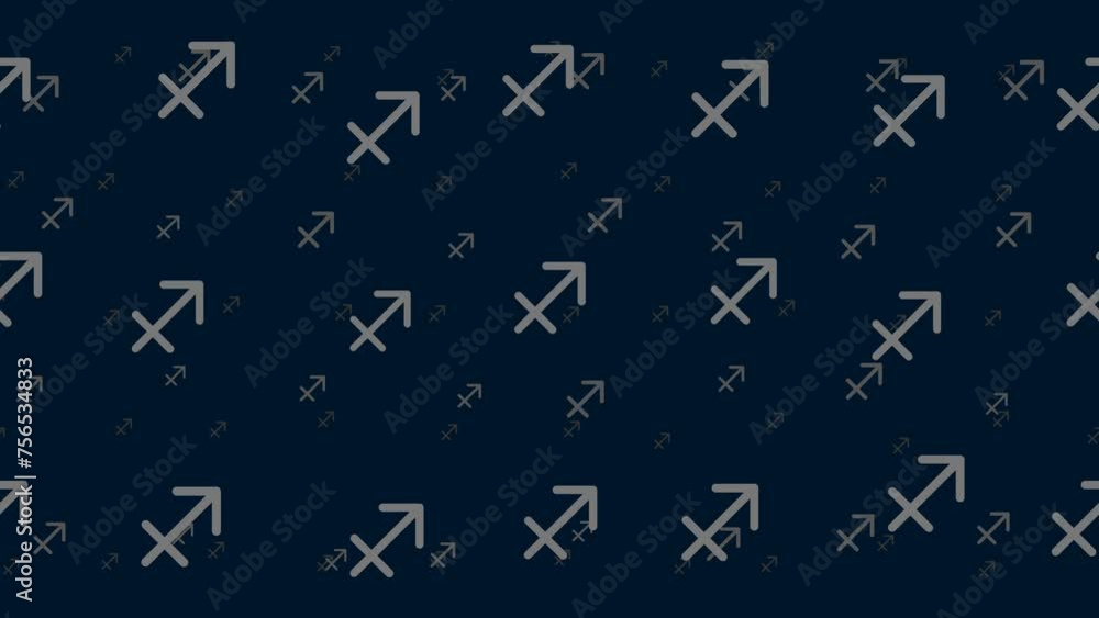 Zodiac sagittarius symbols float horizontally from left to right. Parallax fly effect. Floating ...