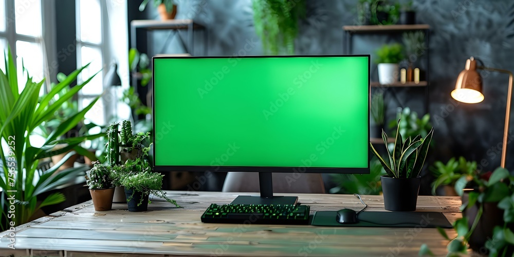 Workspace setup with blank green screen monitor on the desk . Concept ...