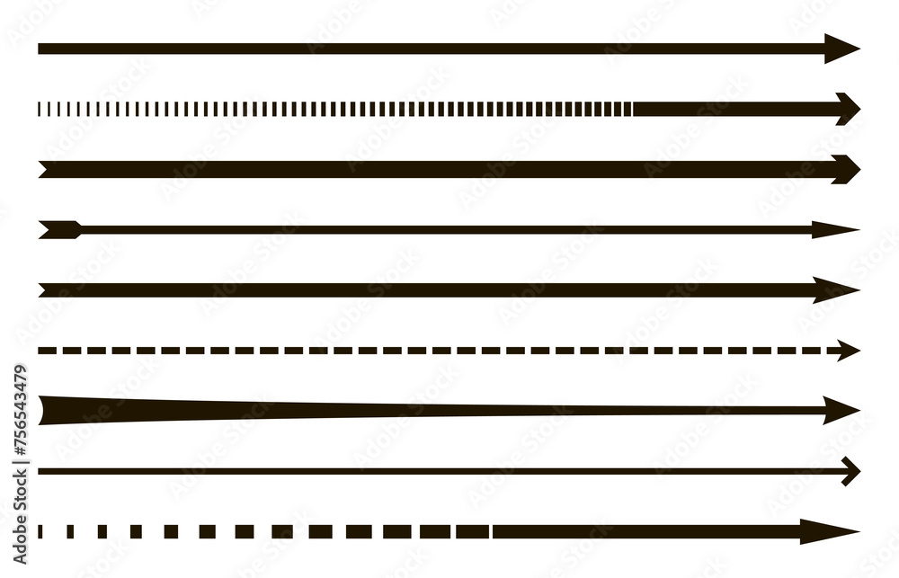 Straight long arrows pointing to the right. Vector black thick, thin ...