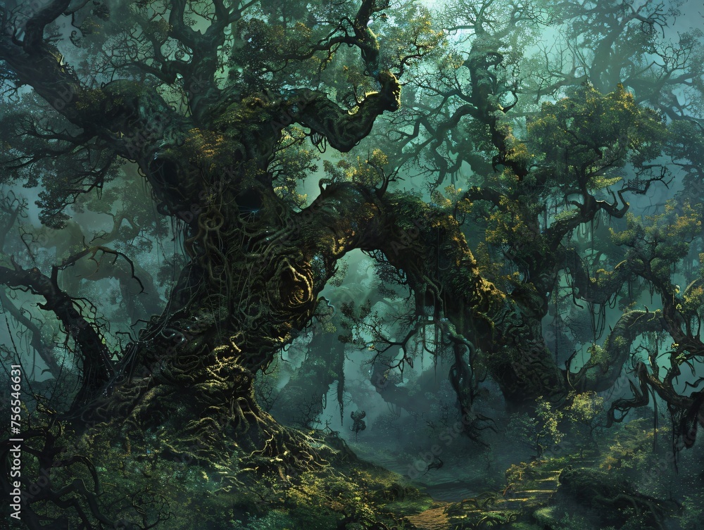 A dark forest where trees twist into grotesque shapes and accursed ...