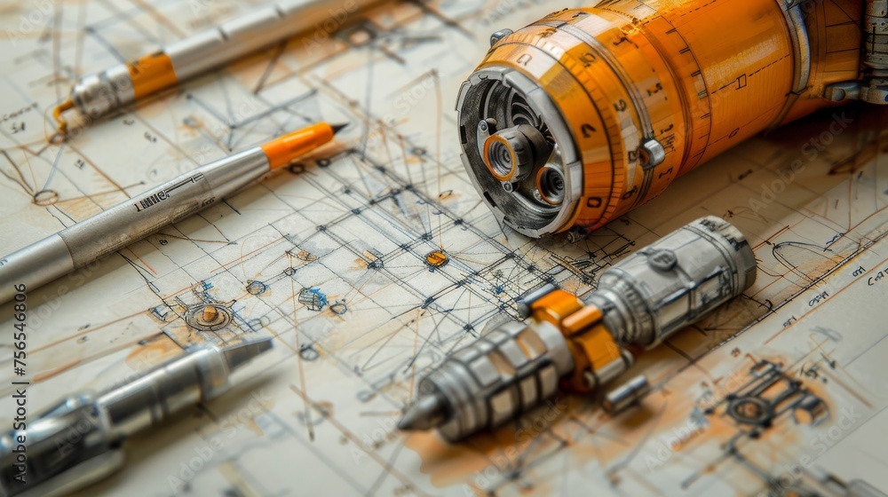 Technical drafting tools atop complex engineering blueprints ...