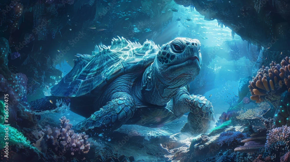mythical dragon turtle basking in the glow of a mystical underwater ...