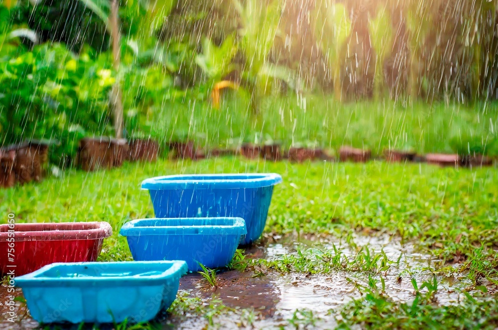 Foto de cuvettes pour récupérer l'eau de pluie, arrosage écologique du ...
