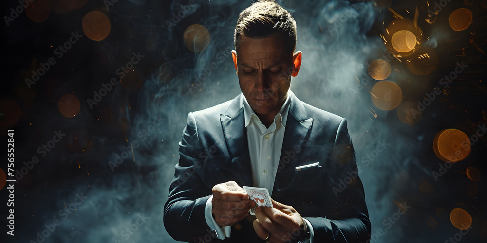 Magician shows trick with playing cards. Sleight of hand. Manipulation ...