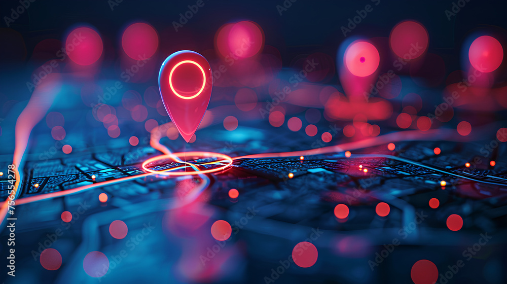 Vibrant digital map with glowing pink location pins on a dark ...