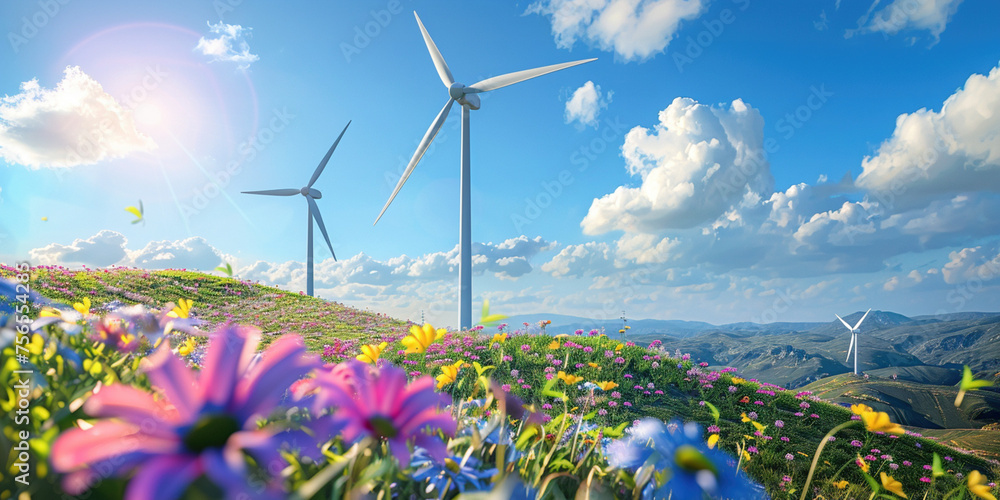 Wind turbines generating electricity on hill covered with spring summer ...